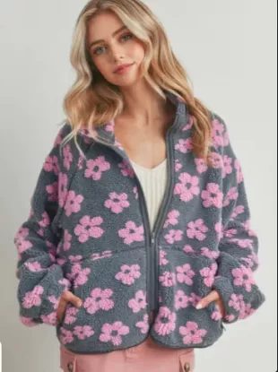 Stand-Up Collar Soft Fabric - Daisy Flower Fleece Jacket
