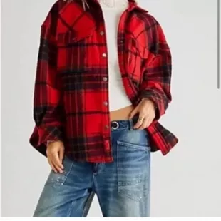 Free People - Cabin Cozy Button Down Red Black Plaid Shacket