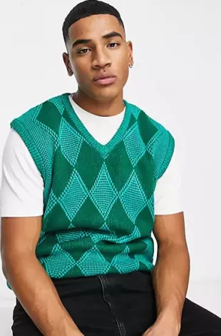 devils - Advocate Printed Vest in Green Argyle Print