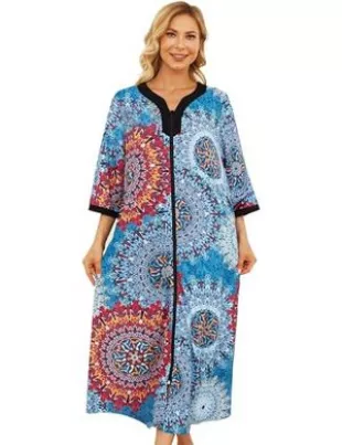 Hymuses - Women Robes Zipper Front Nightgown