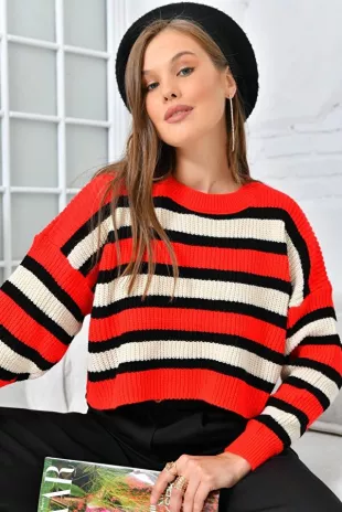 Volt Clothing - Women's Red Striped Knitwear Sweater