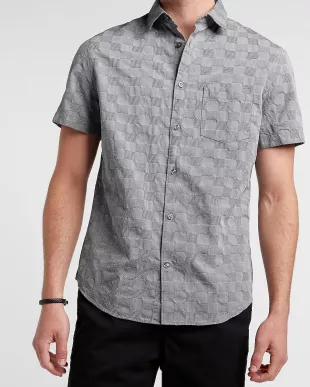 express - Gray Check Print Jacquard Short Sleeve Shirt