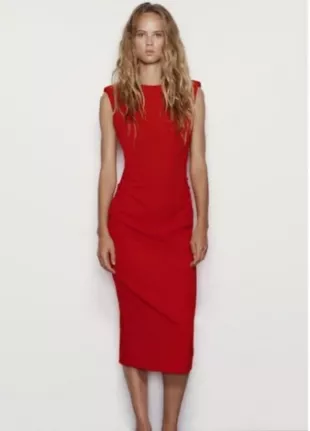 Zara - Red Fitted Sleeveless Midi Dress With Padded Shoulders