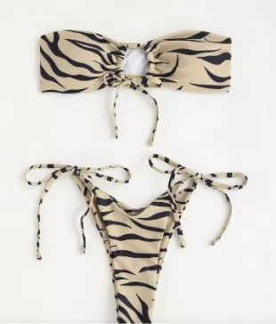 Shein - Zebra Stripe Tie Front Bandeau Bikini Swimsuit