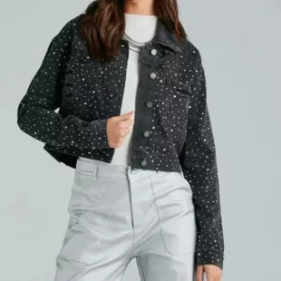 windsor - Casual Glamour Rhinestone Cropped Denim Black Jacket