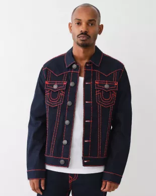 True Religion - Dark Wash Blue & Red-Stitch Super T Denim Jacket