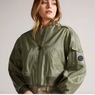 Ted Baker - Cropped Bomber Jacket In Shimmer Fabric in Khaki NWT