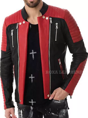 ROXA LEATHERS - Men's Red & Black Leather Jacket Pure Authentic ...