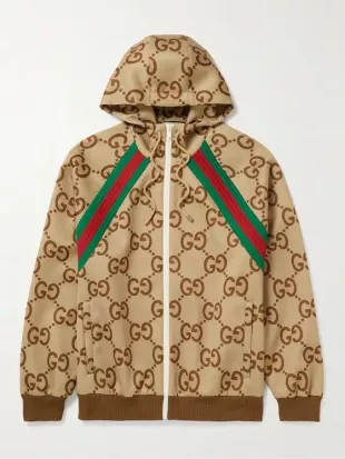 Gucci - Webbing-Trimmed Logo-Print Stretch-Jersey Hooded Jacket