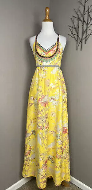 Vineet Bahl - Anthropologie Yellow Floral Boho Embroidered Maxi Dress