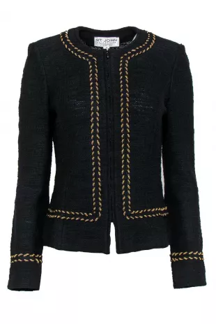 St. John - Black Knit Zip-Up Jacket w/ Gold Chain Trim
