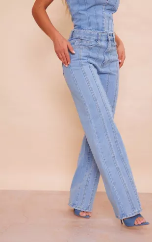 prettylittlething - Light Blue Wash Panelled Seam Detail Straight Leg Jeans