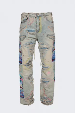 Who Decides War - Studded Distressed Embroidery Jeans Sky