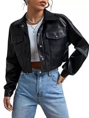 makemechic - Women's Faux Leather Crop Jacket Button Down Pocket Cropped Motorcycle Jacket Black ...