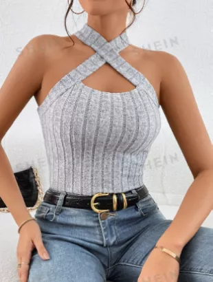 Shein - Slim-Fit Knitted Hollow Out Hole Strap Cross Strap Halter Tank Top