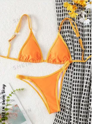 Shein - Swim Vcay Summer Beach Ladies Solid Color Simple Two-Piece ...