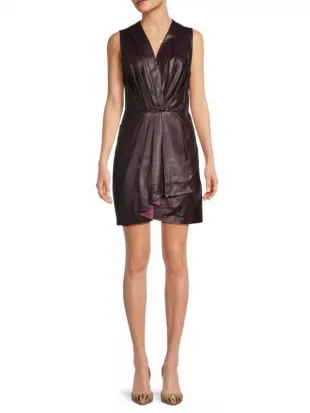 IRO - Maya Pleated Leather Mini Faux Wrap Dress in Berry