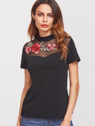 Shein - Embroidered Applique Mesh Neck T shirt