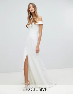 Asos - Jarlo Bardot Maxi Dress With Thigh Split And Train Detail at ...