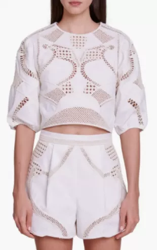 Maje - Liany Lace Inset Crop Cotton Poplin Top