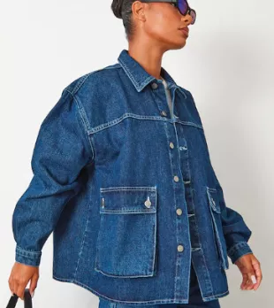 Pretty Little Thing - Dark Blue Wash Oversized Button Up Pocket Detail ...
