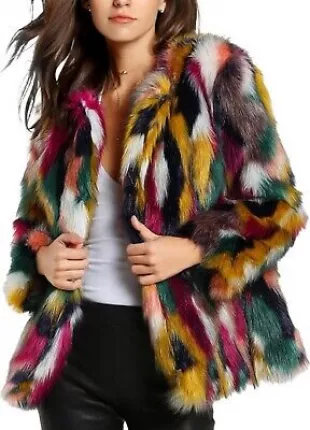 yimoon - Womens SMALL Multicolor Faux Fur Jacket Long Sleeve Fuzzy Coat