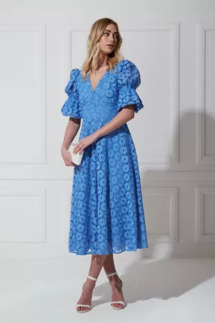 8th Sign - Callie Crocher Lace Midi Dress in Cornflower Blue