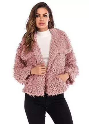 ebossy - Round Collar Fluffy Faux Fur Jacket Cropped Coat