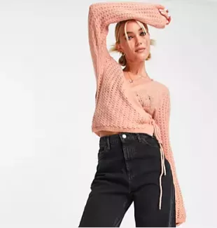 ASOS DESIGN - Ballet Wrap Sweater In Mixed Pointelle Stitch In Pink