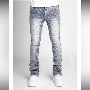 guapi - Aqua Blue Crystal Stud Stacked Jeans