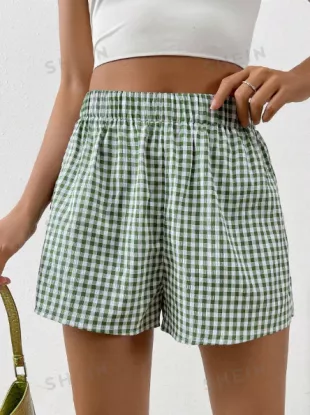 Shein - Ezwear Gingham Print Elastic Waist Shorts