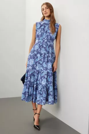 Derek Lam Collective - Printed Smocked Midi Dress in Blue