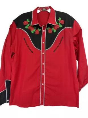 coofandy - Large Red/Black W/ Embroidered Roses Shirt
