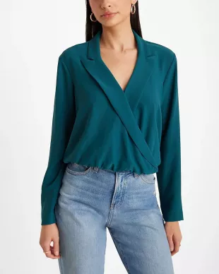 express - Collared V-Neck Long Sleeve Faux Wrap Front Top in Deep Teal