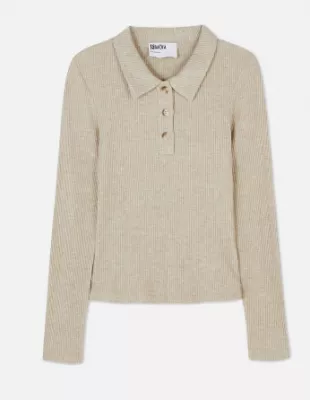 primark - Rita Ora Long Sleeve Ribbed Polo Top In Oatmeal
