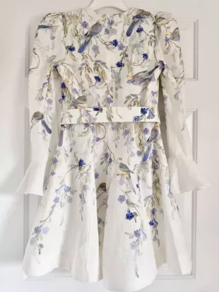 Zimmermann - V Neck Belted Floral Linen Mini Dress Blue Birds