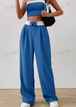 Shein - Contrast Trim Tube Top Wide Leg Pant