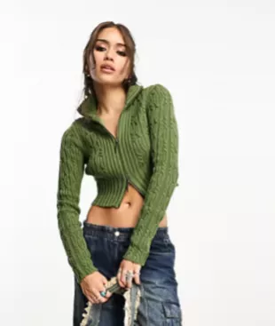 Reclaimed Vintage - Zip-Up Cropped Cable Cardigan in Khaki