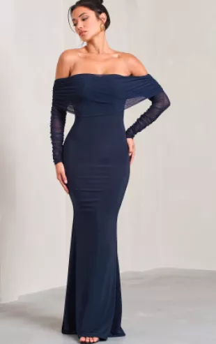 Club L London - Madeleine Navy Fishtail Maxi Dress With Bardot Mesh Long Sleeves
