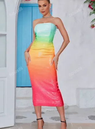 Shein - Women's Strapless Sequin Rainbow Maxi Dress
