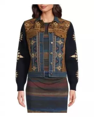 reba - Faux Suede Chest Embroidered Knit Long Sleeve Denim Statement Jacket