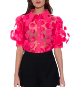 Gracia - Mesh Splicing Round Polka Dots Button-Down Top