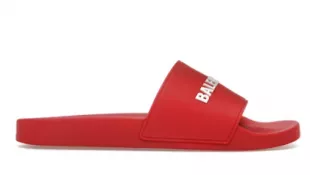 Balenciaga - Red & White-Logo Pool Slides