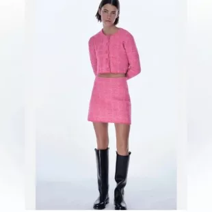 Zara - Mini Rose Pink Skirt Tweed Textured