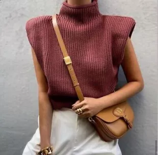 Zara - Knit Vest With Shoulder Pads Brown Sweater