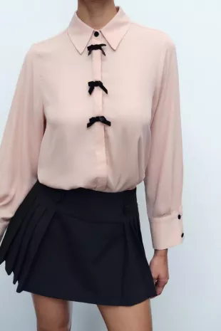 Zara - Velvet Bows Shirt in Beige-pink