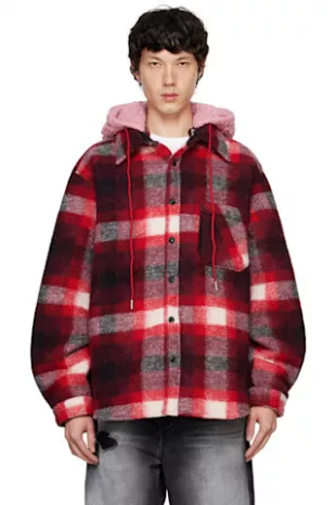 Cout De La Liberte - Red Plaid Fleece Hooded Overshirt
