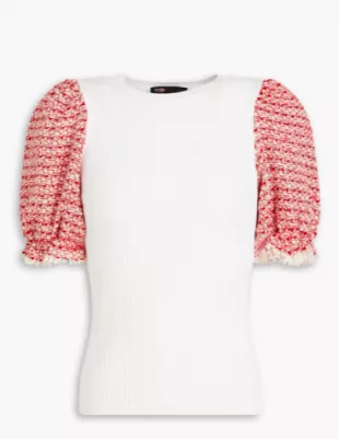 Maje - Tweed-Paneled Ribbed-Knit Top