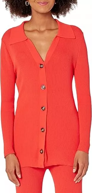 The Drop - Constance Rib Button-Down Sweater in Fire Orange
