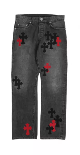 Chrome Hearts - Faded Black Jeans with Black & Red Cross Patches